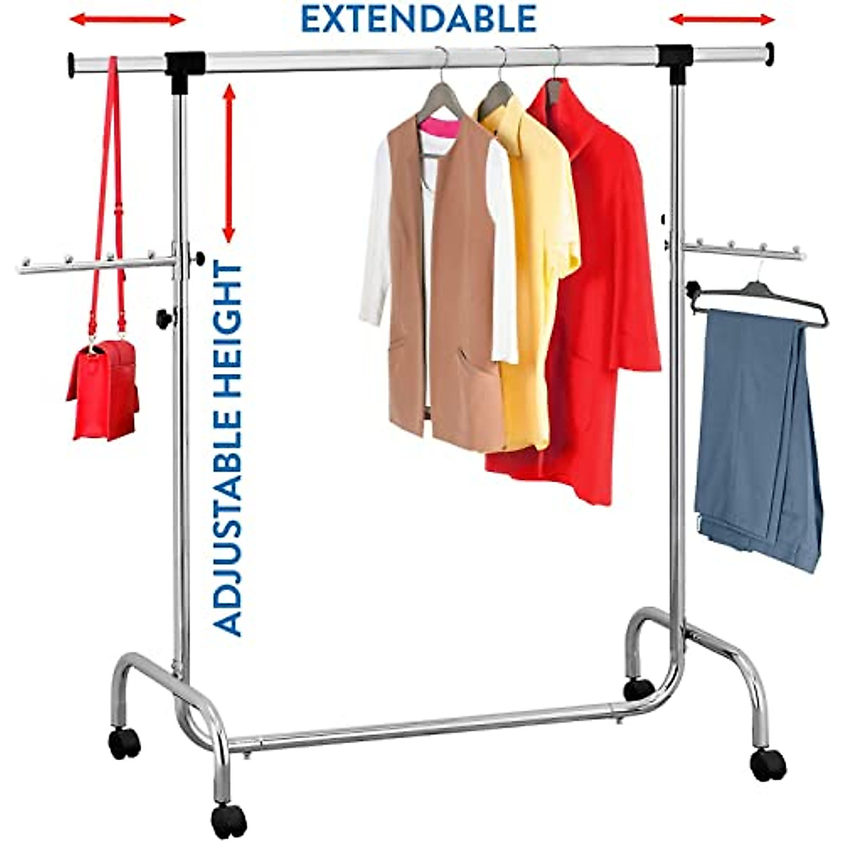 Tatkraft Falcon Garment Rack, Clothes Rack on Wheels, Adjustable Length & Height, Chromed Steel