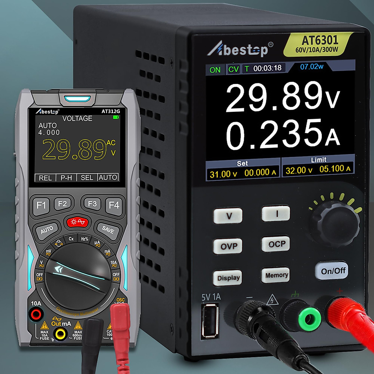 Abestop AT6301 DC Power Supply Variable, 60V/10A/300W Adjustable Bench Power Supply with 10mV / 1mA High Resolution 4-Digits 2.8 inch LCD Display, 5V/1A USB Output