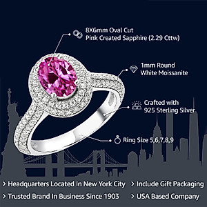 Gem Stone King 925 Sterling Silver 8X6MM Oval Gemstone Birthstone and White Moissanite Halo Engagement Ring | Wedding Anniversary Promise Ring For Women | Size 5,6,7,8,9