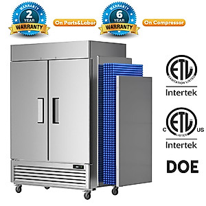Coolski 54’’ Commercial Freezer with 2 Door, Stainless Steel Reach-in Freezer Upright with 49 Cu.Ft/8 Shelves, Two Section Fan Cooling Freezers for Restaurant Garage ETL NSF Approved