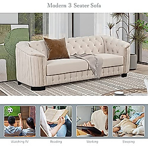Merax Mid-Century Modern 3 Seater Sofa with Thick Removable Seat Cushion, and Rubber Wood Legs, Velvet Upholstered Couch for Living Room, Bedroom, or Small Space, Beige