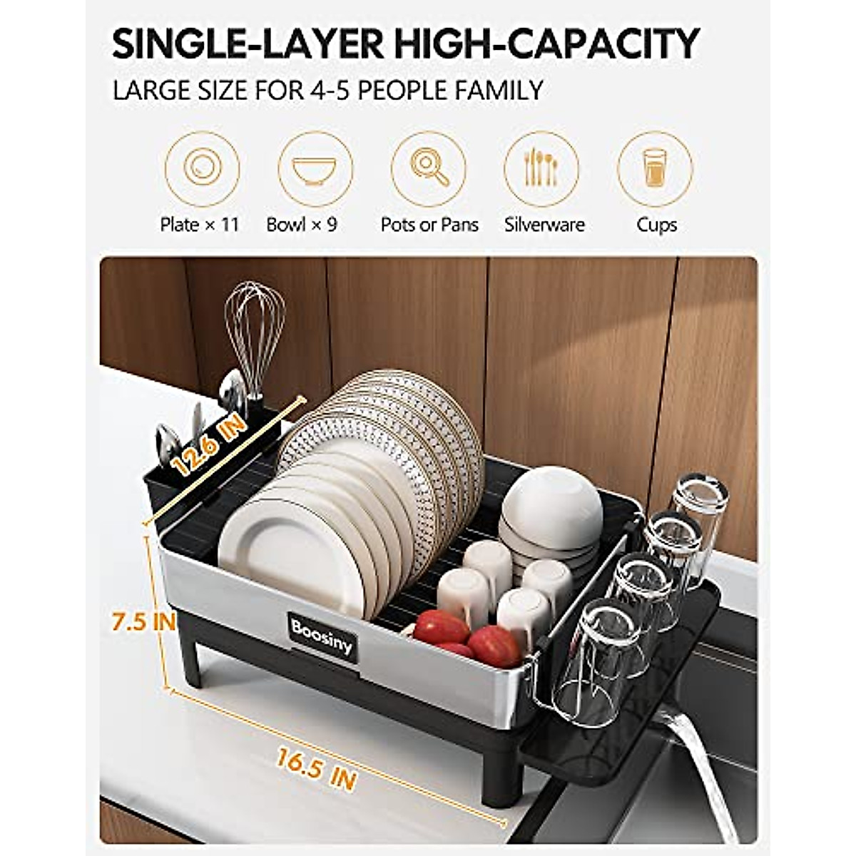 BOOSINY Dish Racks for Kitchen Counter, 304 Stainless Steel Large Dish Rack and Drainboard Set, Full Size Dish Drainer with Swivel Spout Drainage, Utensil Holder and Cup Holder for Big Family