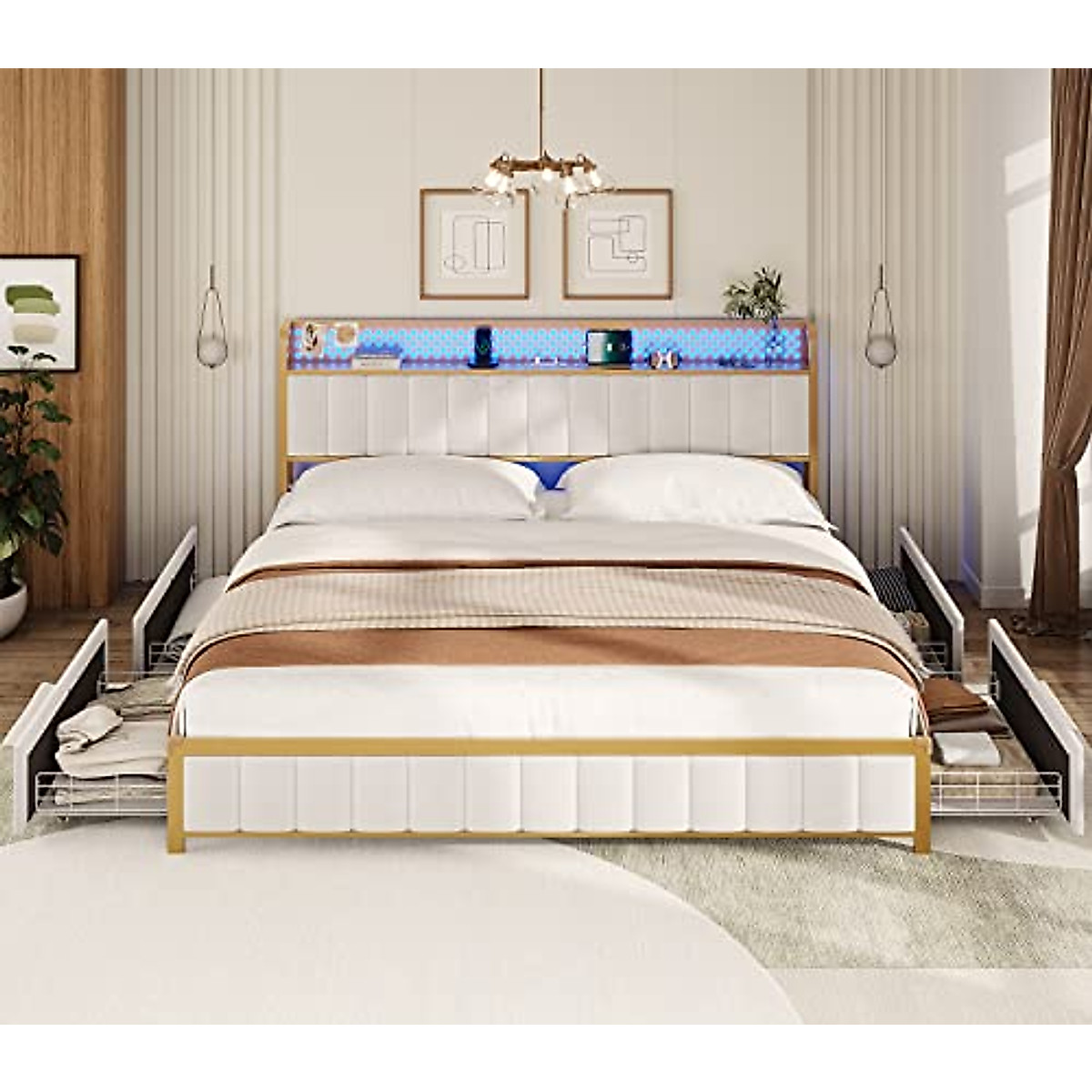 BTHFST Full Bed Frame with Storage Headboard & Drawers, LED Bed Frame with USB Ports & Outlets, Upholstered Full Size Platform Bed Frame, Creamy White & Gold