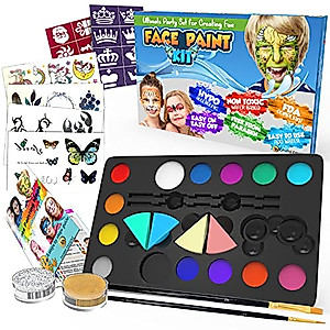 Desire Deluxe Face Paint Kit Palette – Kids & Adult Washable Halloween Make Up Party Set Toy Include Body Brush, Glitter, Stencil, Tattoo – Great Gift for Christmas & Birthday