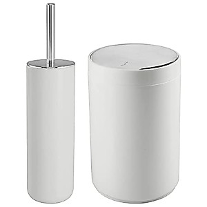 mDesign Modern Slim Profile Compact Freestanding Plastic Toilet Bowl Brush and Round Wastebasket Garbage Can Combo for Bathroom Storage - Sturdy, Deep Cleaning - Set of 2 - Light Gray/Chrome