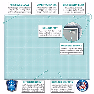 GLASSBOARD STUDIO Aqua Glass Craft Mat (13.5x18in) - Magnetic, Heat & Scratch Resistant, Stain-Proof for Crafting, Cutting, Painting, Mixed Media Artwork - Grid & Angle Lines, Non-Slip Feet