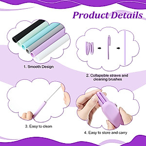 12 Set Reusable Collapsible Straws with Case Silicone Travel Straws Foldable Portable Drinking Straws with Carry Case and Cleaning Brushes for Home Party Travel Picnic