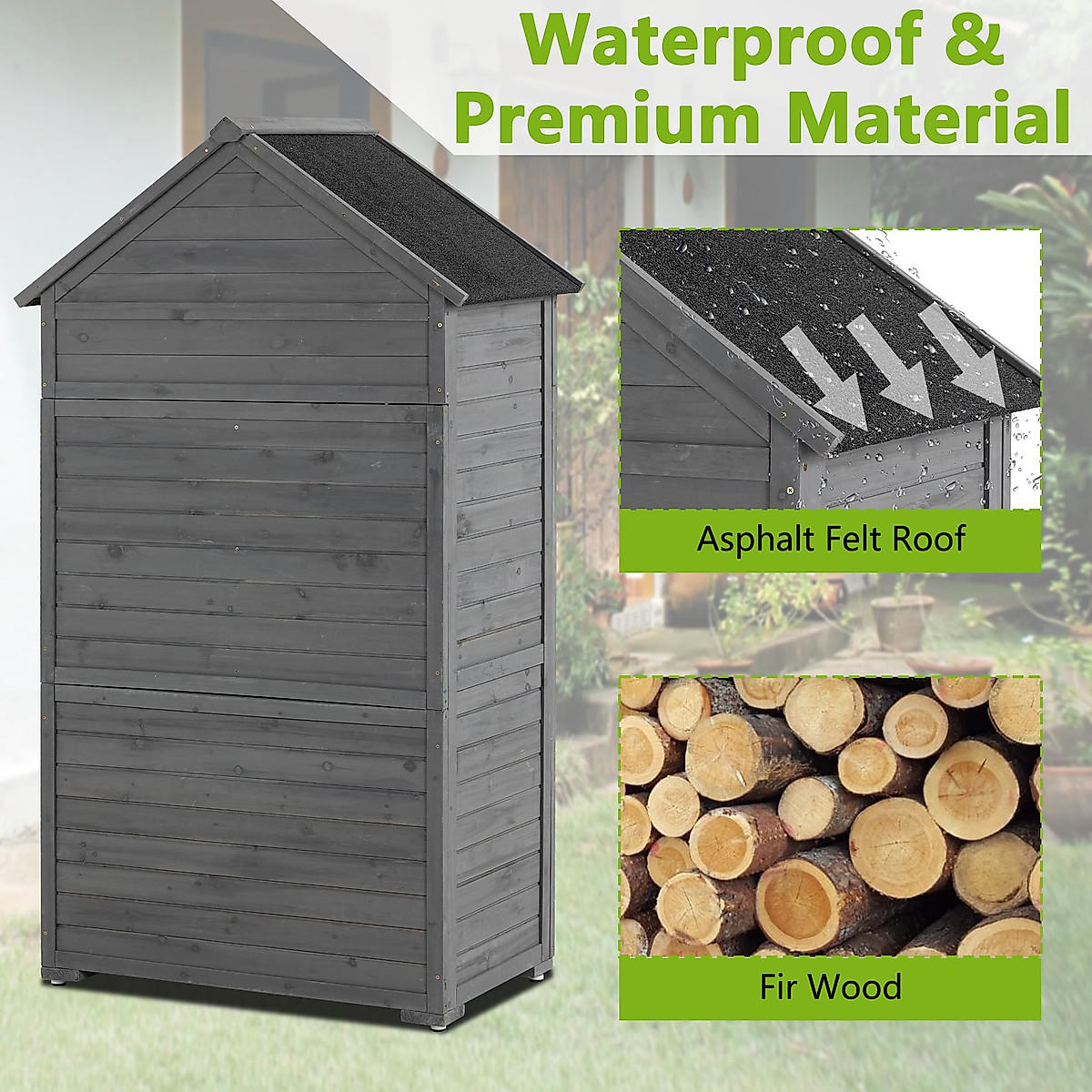 CIPACHO Outdoor Storage Cabinet, Garden Wood Tool Shed, Outside Wooden Closet with Shelves and Latch for Yard, Patio, Deck and Lawn,39.56" L x 22.04" W x 68.89" H (Gray)