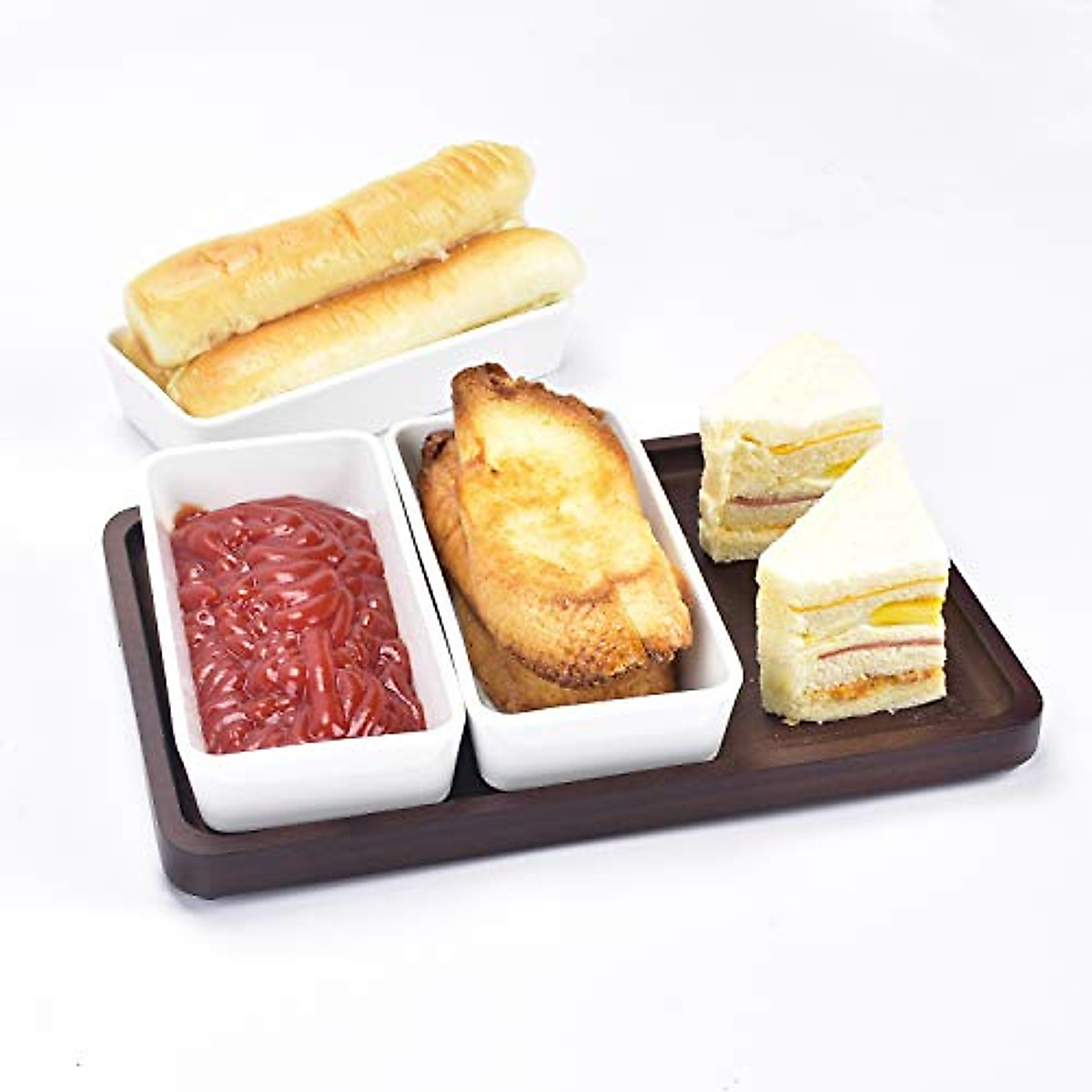 Creamic Snack Serving Tray 3 Pieces Long Strip Ceramic Bowls and A Brown Trays, Movable Moisture-Proof Food Bowls, Can Dress up Snacks, Fruits, Condiments, Bread, Barbecue, appetizers