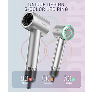 Hair Dryer - 150000 RPM High-Speed Brushless Motor Negative Ionic Blow Dryer for Fast Drying, Low Noise Thermo-Control Hair Dryer with Diffuser and Nozzle, Silvery