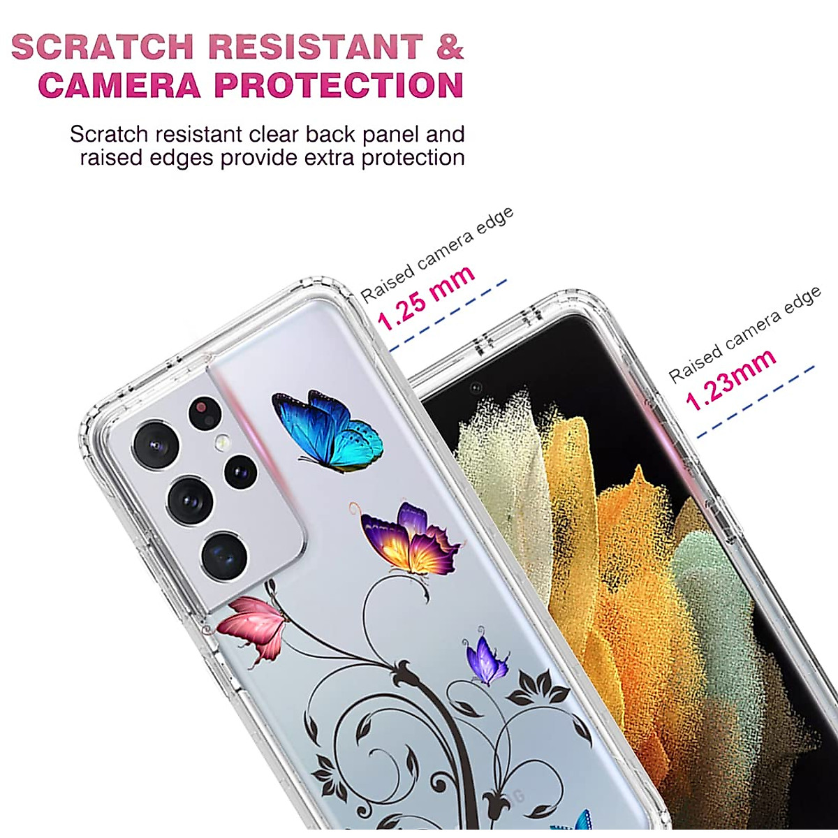Vavies Case for Galaxy S21 Ultra 5G Case, SM-G998U Case with Tempered Glass Screen Protector, Full Body Clear with Floral Protection Phone Cover Cases for Samsung Galaxy S21 Ultra 5G (Butterfly Tree)