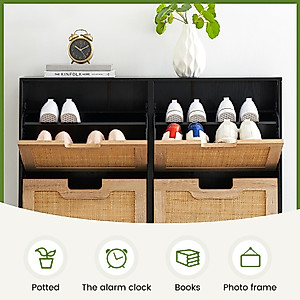 IDEALHOUSE Natural Rattan 4 Flip Door Shoe Cabinet Organizer Freestanding, Modern Shoe Rack Storage Organizer with 3-Tier Adjustable Shelves for Entryway, Closet, Hallway