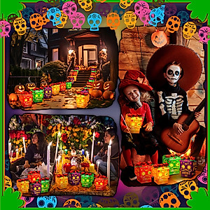Glooglitter 32 Sets Dia De Los Muertos Luminary Bags Lanterns with Flameless Tea Candle Halloween Day of The Dead Paper Treat Bags Flame Resistant Candle Box for Dia De Los Muertos Party Decorations