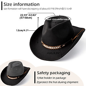Gossifan Western Cowboy & Cowgirl Hat Felt Wide Brim Women Men Fedora Hats-A Belt Black