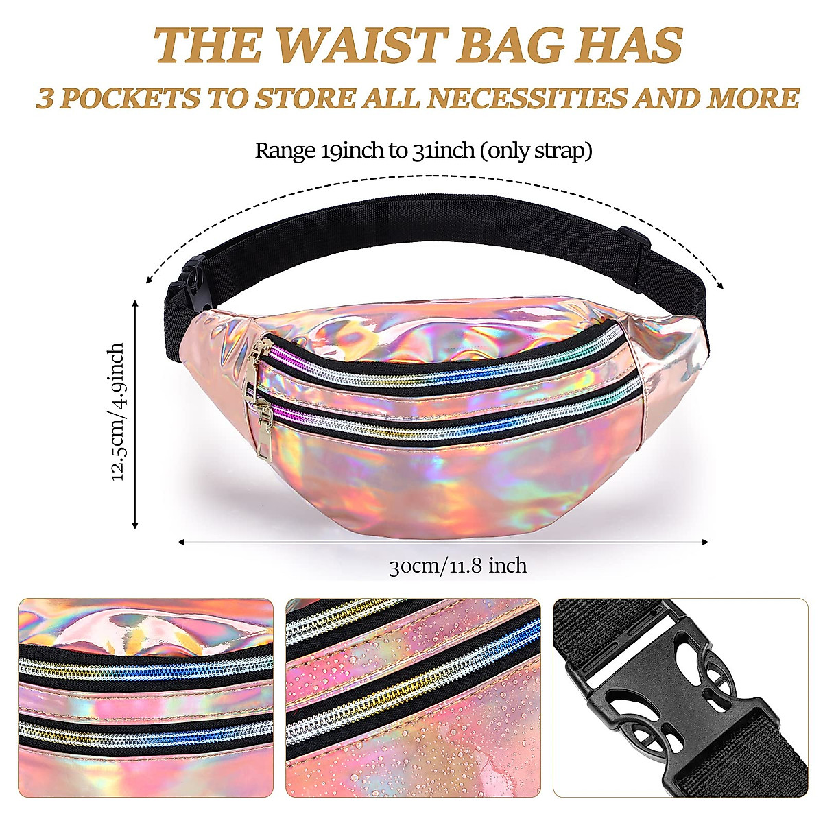 Epakh Hip Hop Woman Costume Kit Including Fanny Packs Transparent Sunglasses Faux Gold Rope Chain and Round Hoop Earrings (Rose Gold)