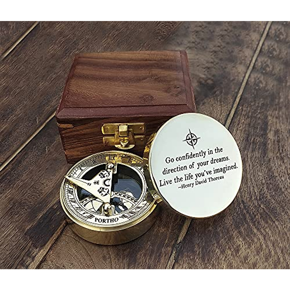 PORTHO Thoreau's Go Confidently graduation Compass with Wooden box, Inspirational graduation gifts, confirmation gifts, first communication gifts, unique gift ideas