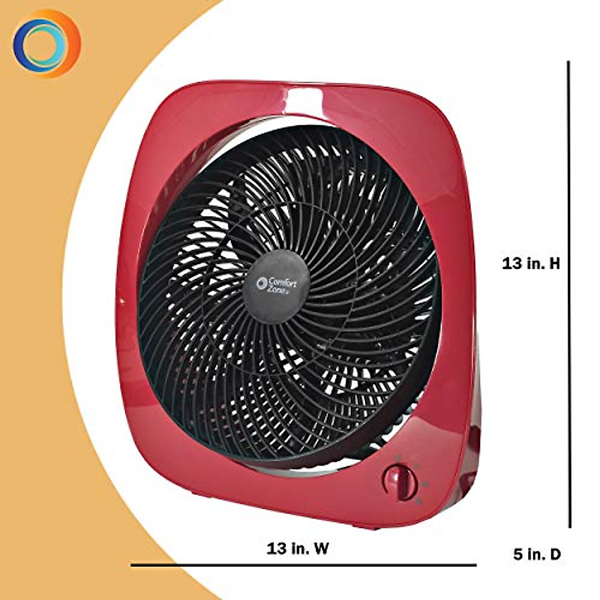 Comfort Zone CZ110RD 10" 3-Speed Square Turbo Desk Fan with 180-Degree Adjustable Tilt Head, Red