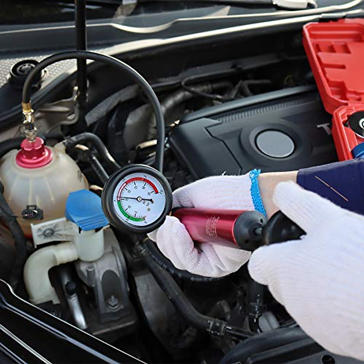 JIFETOR Radiator Pressure Leakage Tester Tool Kit, 14PCS Automotive Cooling System Water Tank Leak Test Detector Set with Aluminum Hand Pump and Adapters