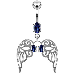 Dark Blue Gemstone Fancy Angel Wings with Floral Dangling Design 925 Sterling Silver with Stainless Steel Belly Button Navel Rings