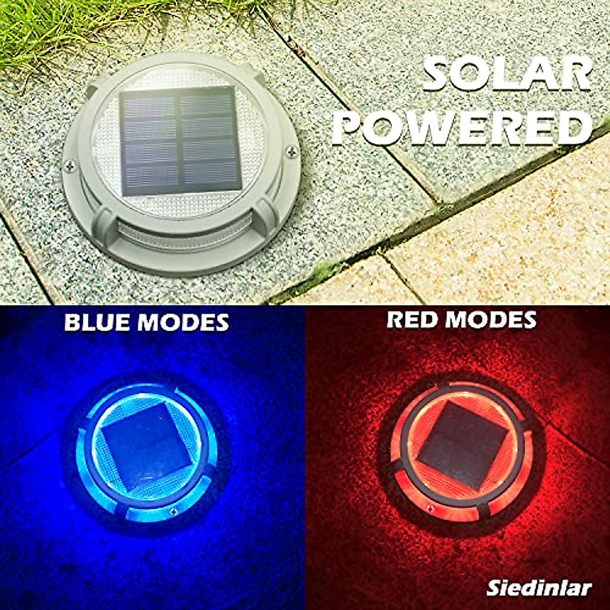 SIEDiNLAR Solar Deck Lights Outdoor 2 Modes 16 LEDs Driveway Markers Dock Light Solar Powered Waterproof for Ground Step Stair Pathway Walkway Garden Yard Road 4 Pack (Blue/Red)