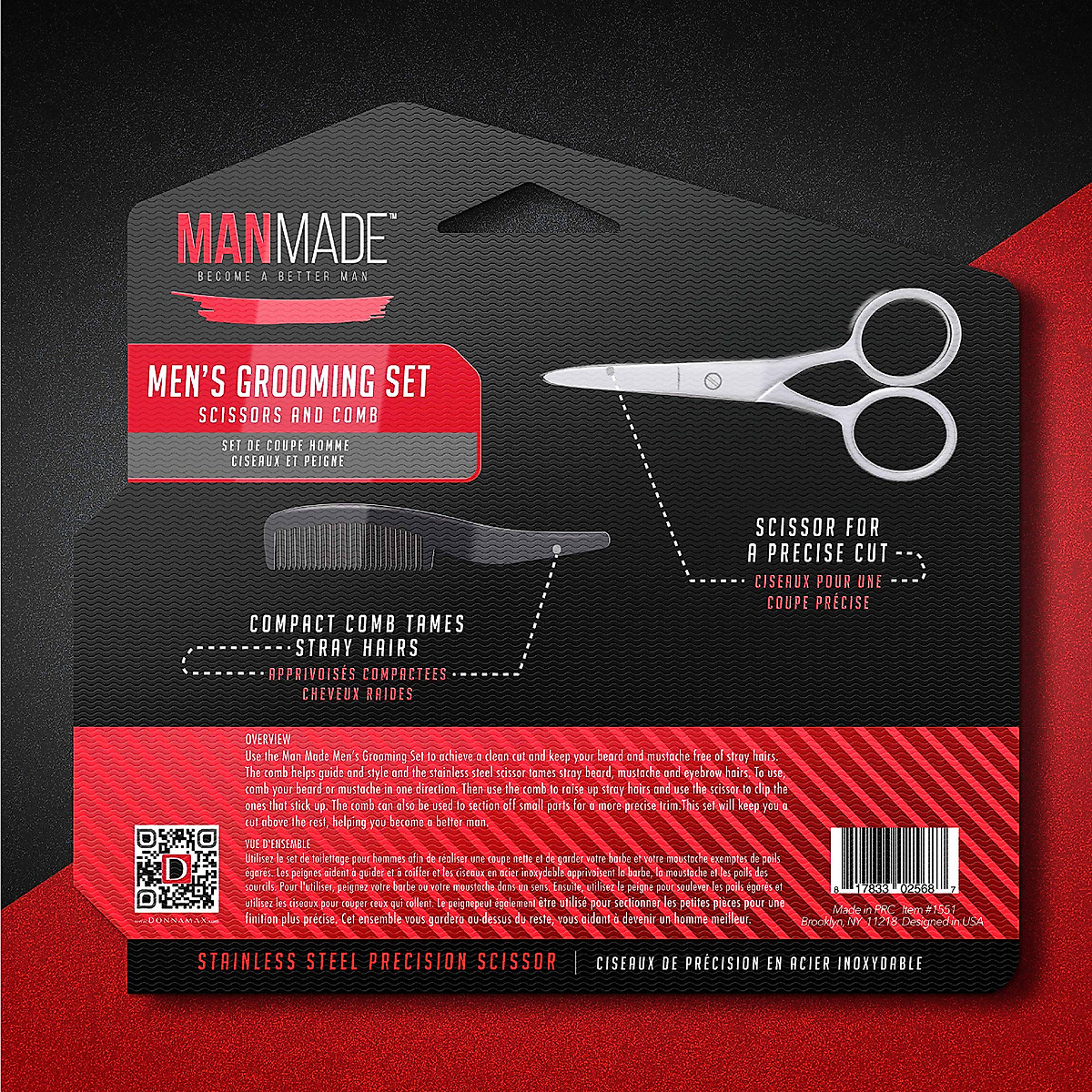 ManMade: Men's Grooming Set Mustache and Beard Scissors + Free Comb, Two-Piece Grooming Essentials, Stainless Steel Facial Hair Scissors for Men (Red)