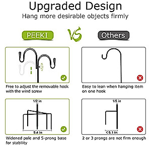 PEEKI Double Shepherds Hook, Adjustable Bird Feeder Pole for Outside with 5-Prong Base, Heavy Duty Garden Shepards Hooks for Outdoor Plant Hanger, Hummingbird Feeder Stand (63” Overall Height, 1-Pack)