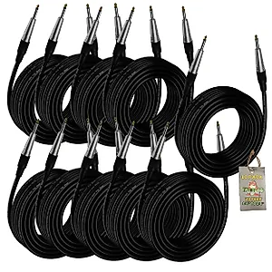 Guitar Cables (10 Pack) Instrument Cord by FAT TOAD | 24 AWG Patch Conductor for Electric Guitar, Bass, Amplifier, Speaker, Keyboard & Recording Studio | Shielded 20FT 1/4 Inch Gold Straight-End Wires