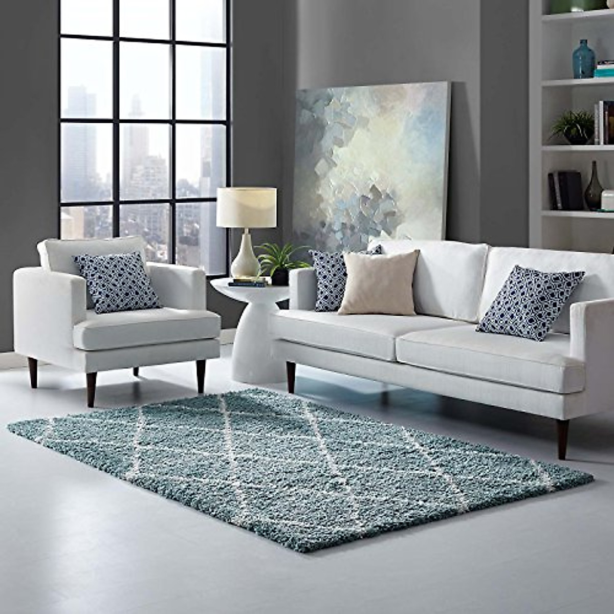 Modway Toryn Diamond Trellis 5x8 High Pile Shag Area Rug With Lattice Design In Aqua Blue and Ivory