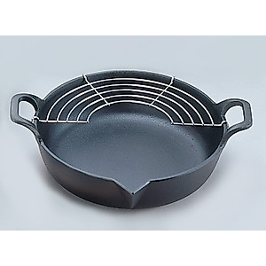 Iwachi 25101 Tempura Pot, Black, Inner Diameter 9.4 inches (24 cm), Nambu Ironware Tempura Pot, Flat Bottom 9.8 inches (25 cm)