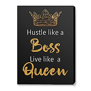 IIONGDE Hustle Like A Boss Live Like A Queen Canvas Frame Wall Art,Hustle Motivational Quotes Wall Art Canvas for Girl Women Home Office Bedroom Wall Decor-12" x 15"