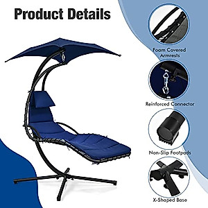 Giantex Hanging Chair Chaise Lounge Chair, Outside Hammock Chair with Stand, Patio Swinging Chair w/Detachable Cushion & Removable Canopy, Outdoors & Indoors(Navy)