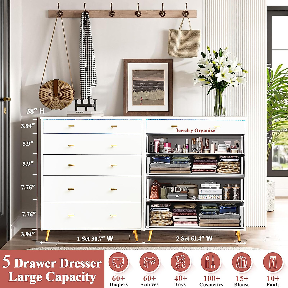 JanflyHome 5 Drawer Dresser for Bedroom Tall, Glass Dresser with 20 Colors LED Lights as Jewelry Organize, Wood Chest of Drawers for Bedroom, Living Room, Cloakroom, Entryway, White