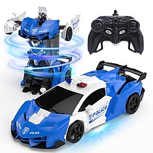 DEERC Transform Remote Control Car,2.4GHz Robot RC Cars,1:18 Scale Police Car Toy One-Button Deformation & 360° Rotating Drifting for Kids Boys Age 4-7 8-12 Birthday Xmas Gift