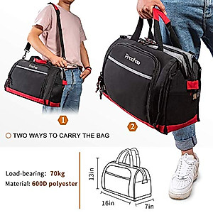 Pnochoo Waterproof Tool Bags for Men or Women, 16-inch Wide Mouth Tool Tote Bag with 25 Pockets for Tool Organizer & Storage, with Adjustable Shoulder Strap (16IN, Black/Red)
