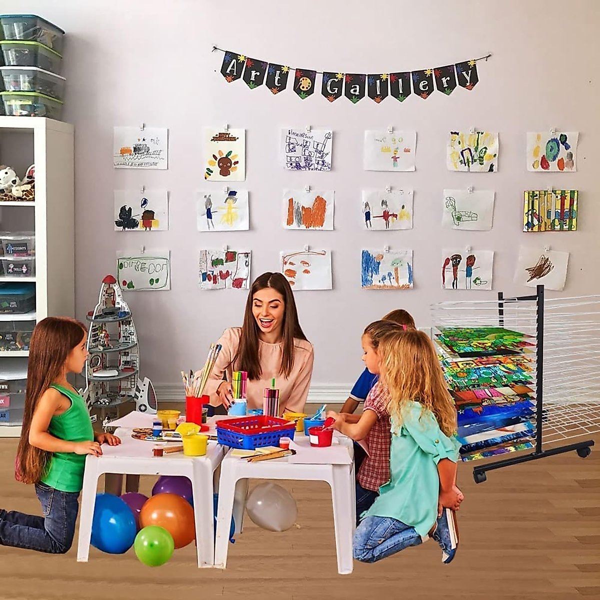 Art Drying Rack for Classroom, Mobile Paint Drying Rack Double-Sided 40 Shelves Metal Artwork Storage Display Rack Canvas Stack Rack with Wheels for Schools, Art Studios
