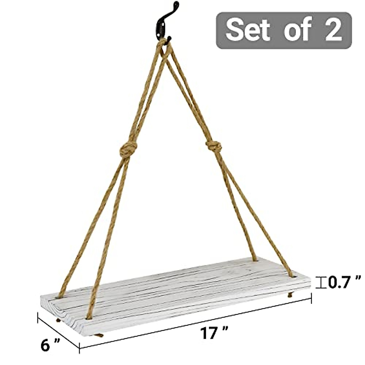 Wood Rope Hanging Floating Shelves Set of 2, Hanging Shelves for Wall Decor, Window Rope Wood Hanging Plant Shelf, Wall Hanging Rope Shelves for Living Room, Bedroom, Bathroom and Kitchen ( White)