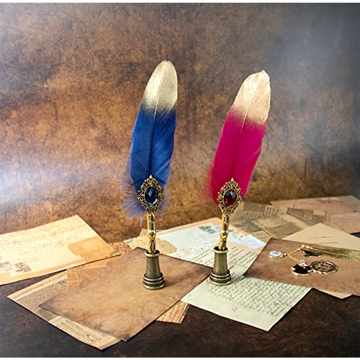 Jubapoz Feather Pen Calligraphy Pen and Ink Set Antique Platinum Quill Pens with Ink for Writing, Drawing, Signature, Wedding, Birthday Gifts, Retro Decor (Navy Blue+Golden)