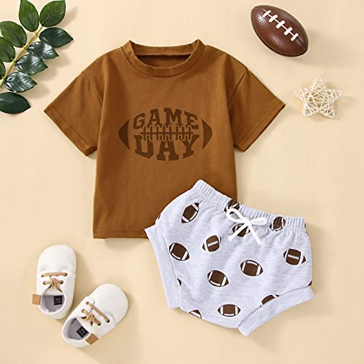 Funny Newborn Infant Baby Boy Girl Game Day Vibes Football Bodysuit Romper+Shorts Set Clothes Outfits 2Pcs (Brown, 0-6 Months)