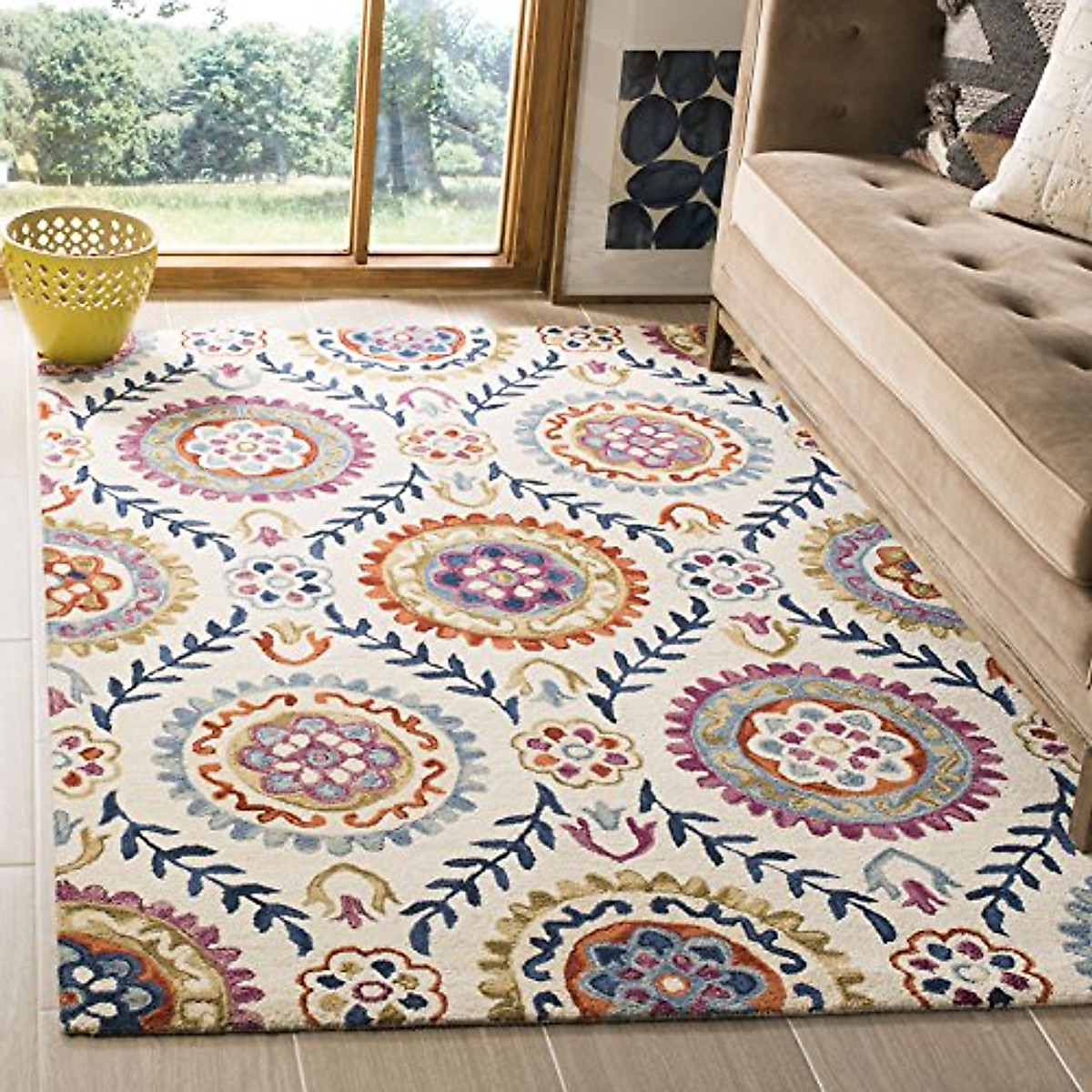 SAFAVIEH Suzani Collection 3' x 5' Ivory/Multi SZN374B Hand-Hooked Boho Premium Wool Area Rug