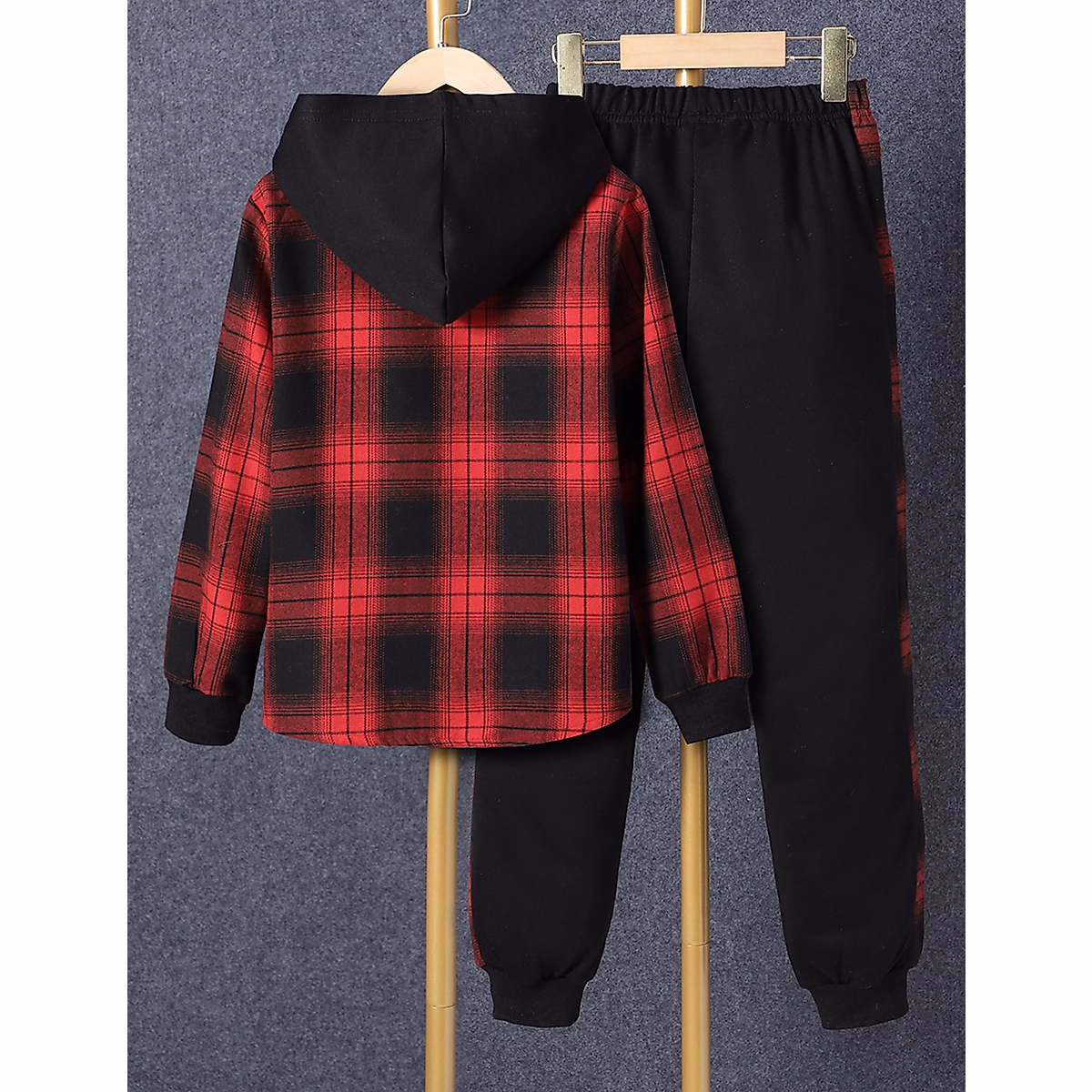 FERWANG Kids Toddler Boys 2 Piece Outfit Plaid Color Front Button Down Hoodie Sweatshirt and Jogger Sweatpants Sets