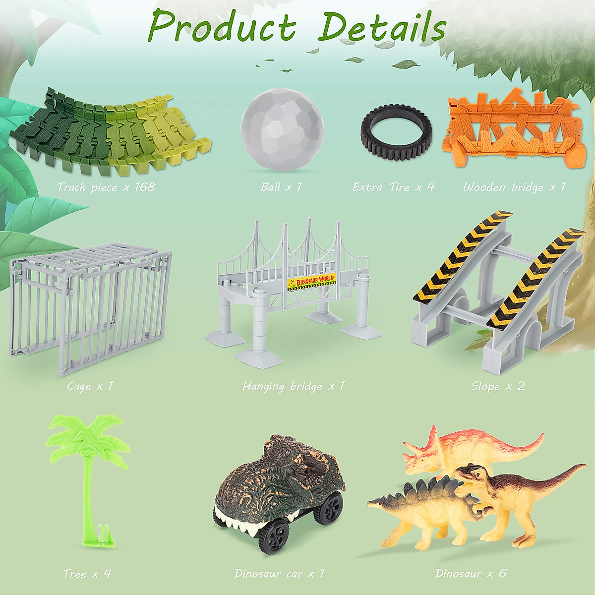 Batlofty Dinosaur Toys Race Track, Flexible Track Playset, Create A Dinosaur World Road Race with 1 Dinosaur Car and 6 Dinosaur Toys for 3 4 5 6 7 Year Old Boys Girls Birthday Gifts