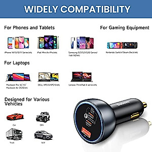 160W USB C Car Charger, Baseus Type C Car Charger, QC5.0 PD3.0 PPS 3 Ports Super Fast Charging Car Phone Charger Adapter for iPhone 14 13 12 Pro, Samsung S22 S21 iPad MacBook Pro Air Laptop Steam Deck