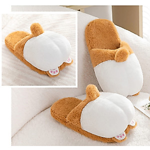 seemehappy Women Fuzzy Corgi Slippers Non-Slip Novelty Plush Animal Slippers Warm Comfy Bedroom House Shoes Gift-Brown