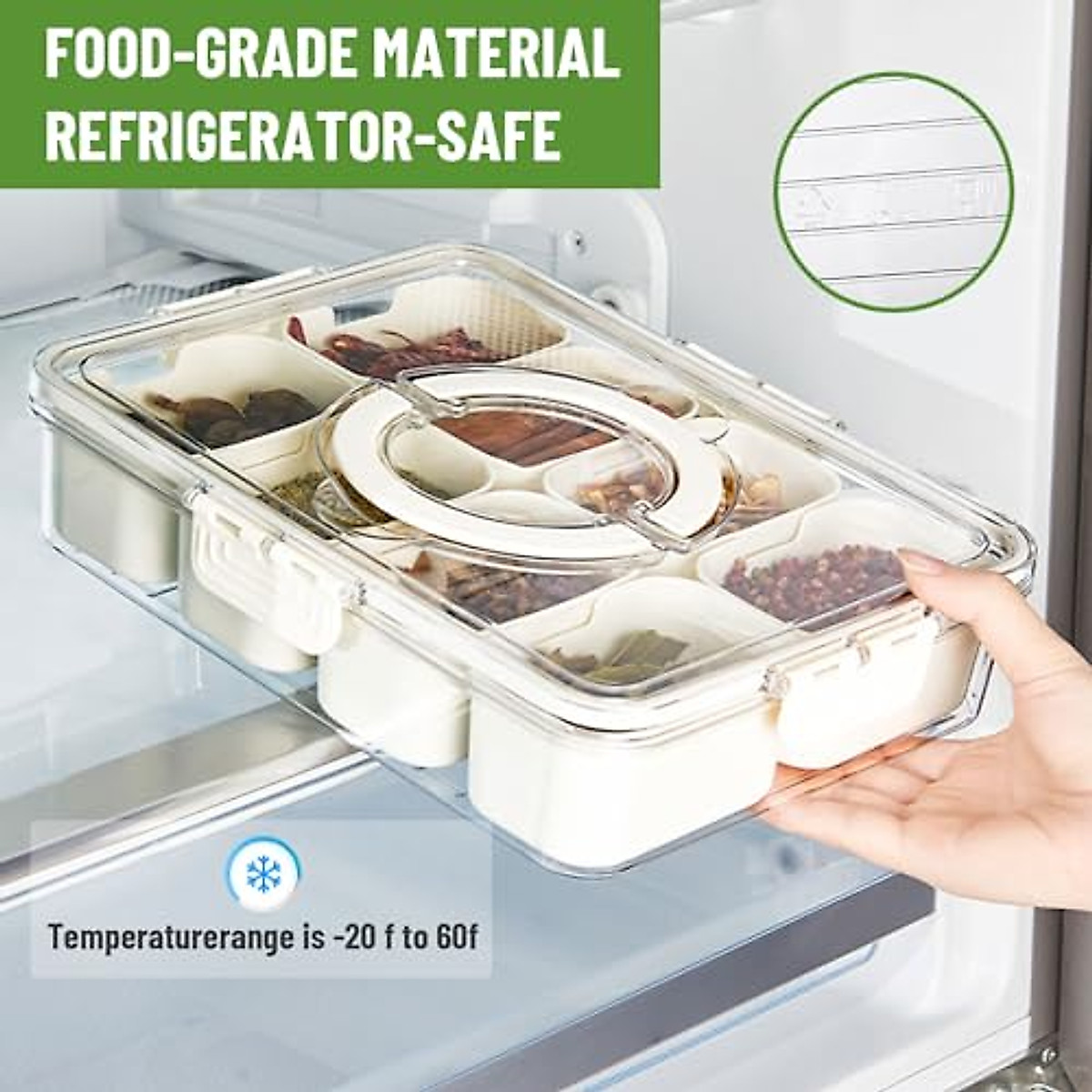 Ztaussi Snack Containers, 1pc Snackle Box Charcuterie Container 8 Compartment Divided Serving Tray with Lid and Handle,Portable Snack Platters Travel Food Organizer (1pc(8 Compartment))