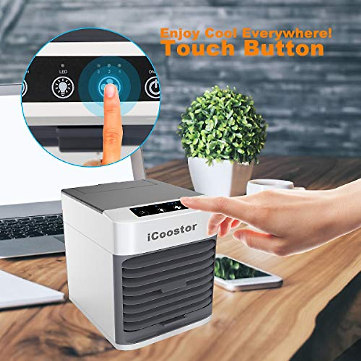 iCoostor Personal Space Air Cooler | Portable Evaporative Air Cooler | Humidifier with Touch Button & Remote Control & 3 Speed Levels &7 LED Light & Waterless Protect & Timer for Every Situation
