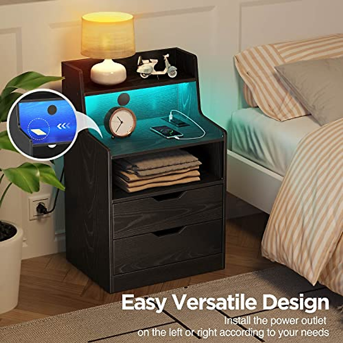 Rolanstar Nightstand with Charging Station and LED Lights, 2 AC and USB Power Outlets, Night Stand with 2 Drawers and Storage Shelves, Bedside Table for Bedroom - Black