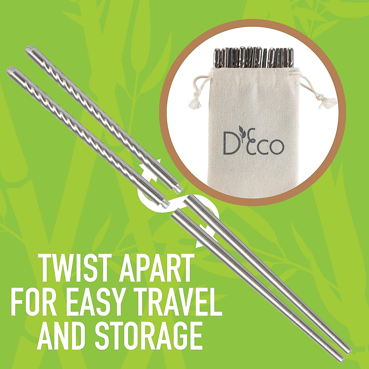 D'Eco Reusable Metal Chopsticks (4 Pairs) - Includes 4 Sets of Stainless Steel Twist Apart Silver Chopsticks & Travel Pouch - Lightweight, Durable, Dishwasher Safe - Great for Chinese Japanese Cuisine