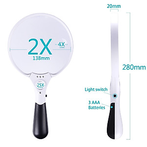 5.5-Inch Extra Large Handheld Magnifying Glass with LED Light, Oversize Reading Magnifying Loupe 2X 4X 25X Zoom Illuminated Magnifier Lens for Hobby Art Crafts Inspection & Low Vision Aids