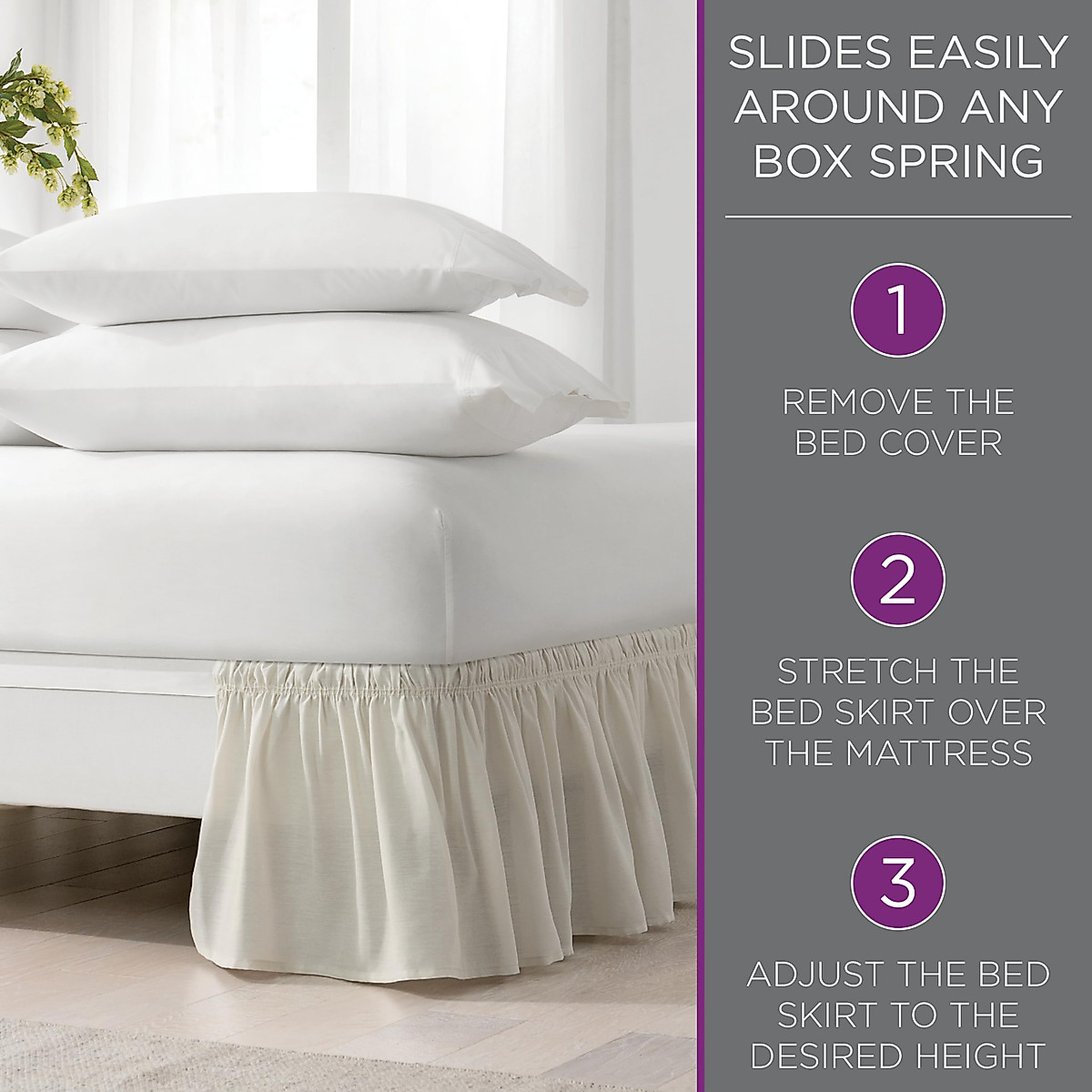 EASY FIT Eyelet Elastic Wrap Around Bed Skirt, Easy On/Off Dust Ruffle (18 Inch Drop), Queen/King, White