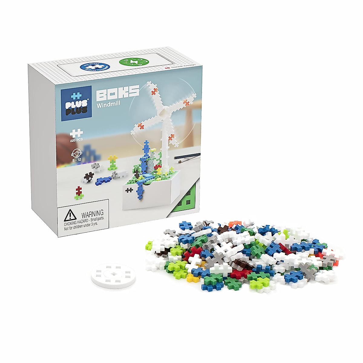PLUS PLUS - BOKS Windmill Kids - 220 Pieces - Construction Building Desk Stem/Steam Fidget Toy, Interlocking Mini Puzzle Blocks
